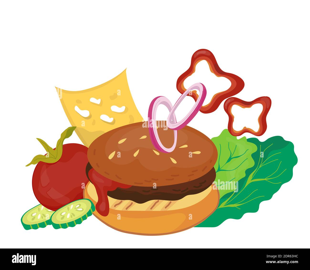 Burger or hamburger with vegetables and slice of cheese, flat style ...