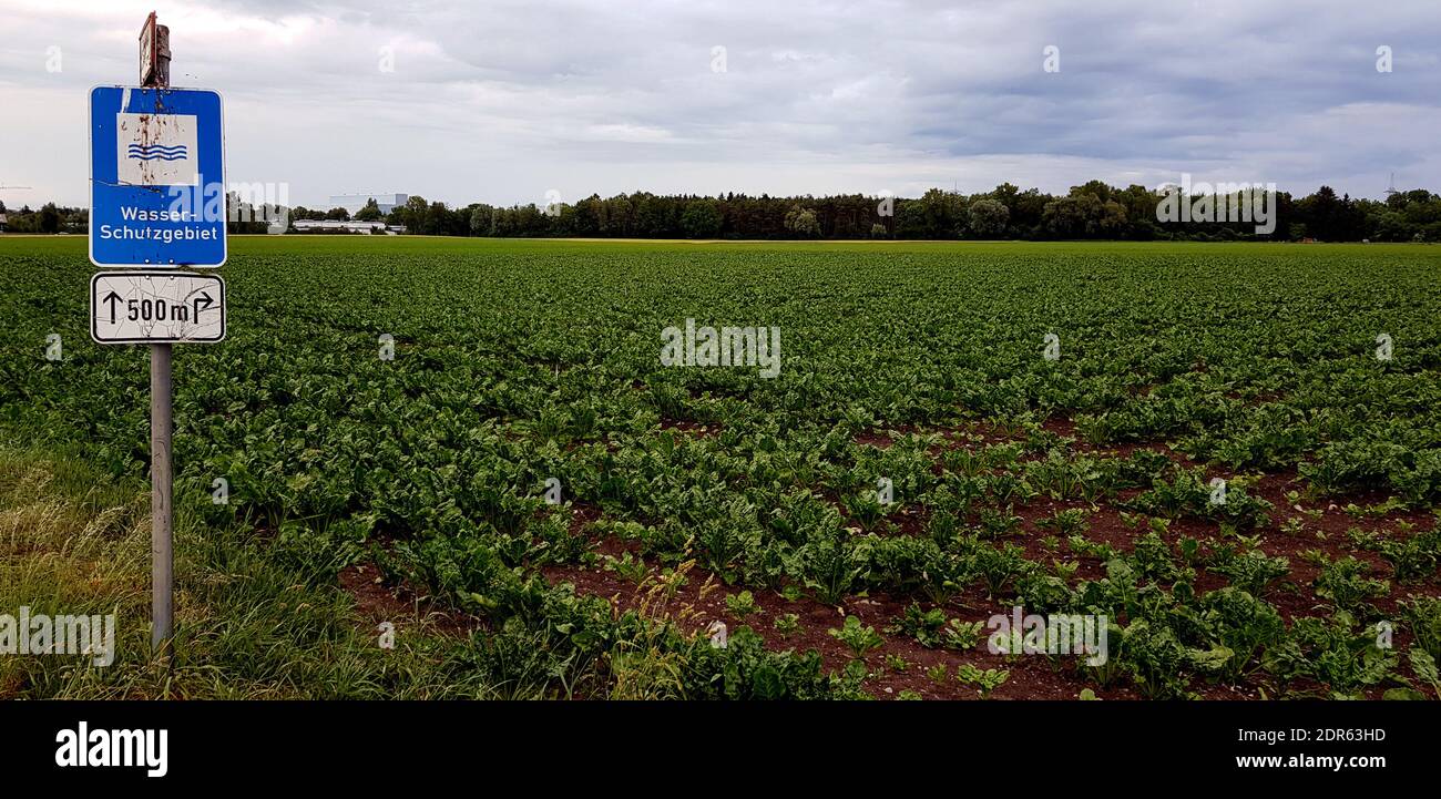 A green agricultural field with a sign for water reserve Stock Photo ...
