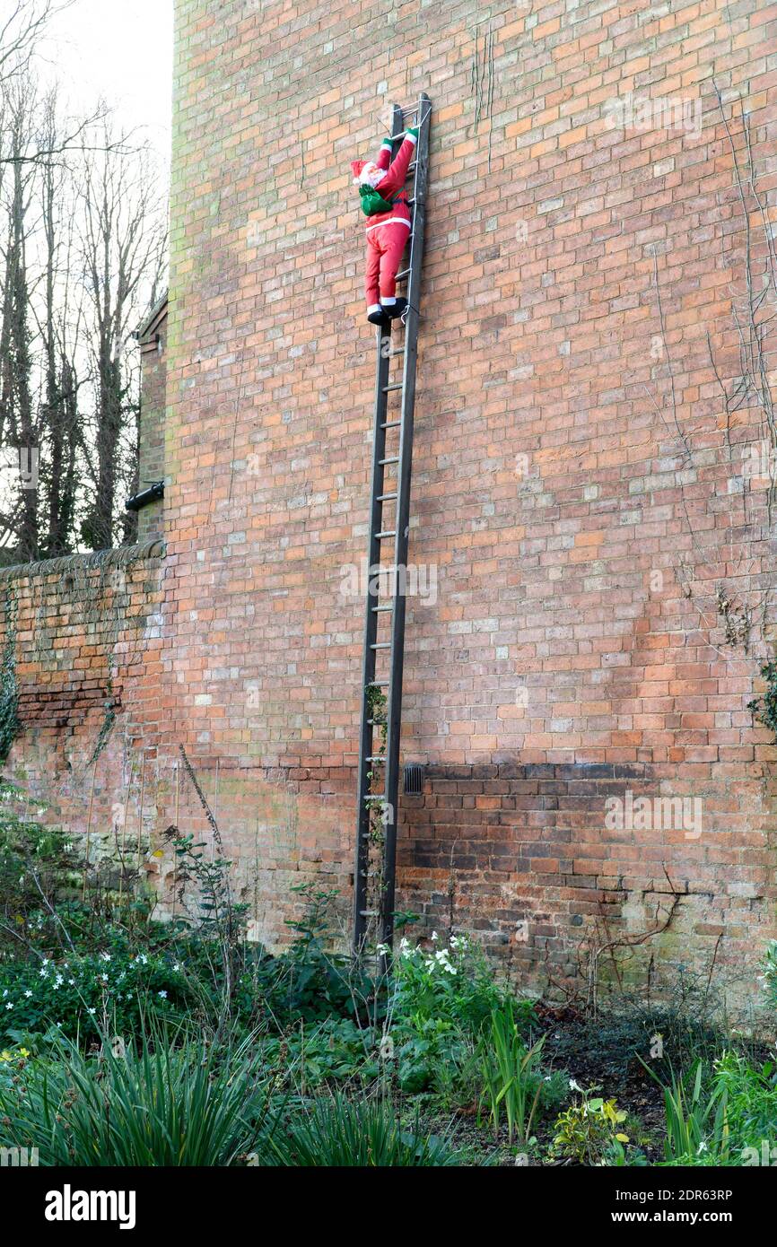 Father Christmas figure climbing a ladder Stock Photo - Alamy