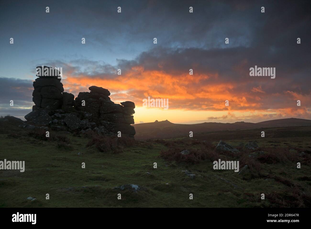 View of Haytor Rocks from Hound Tor at Sunset Dartmoor UK Stock Photo ...