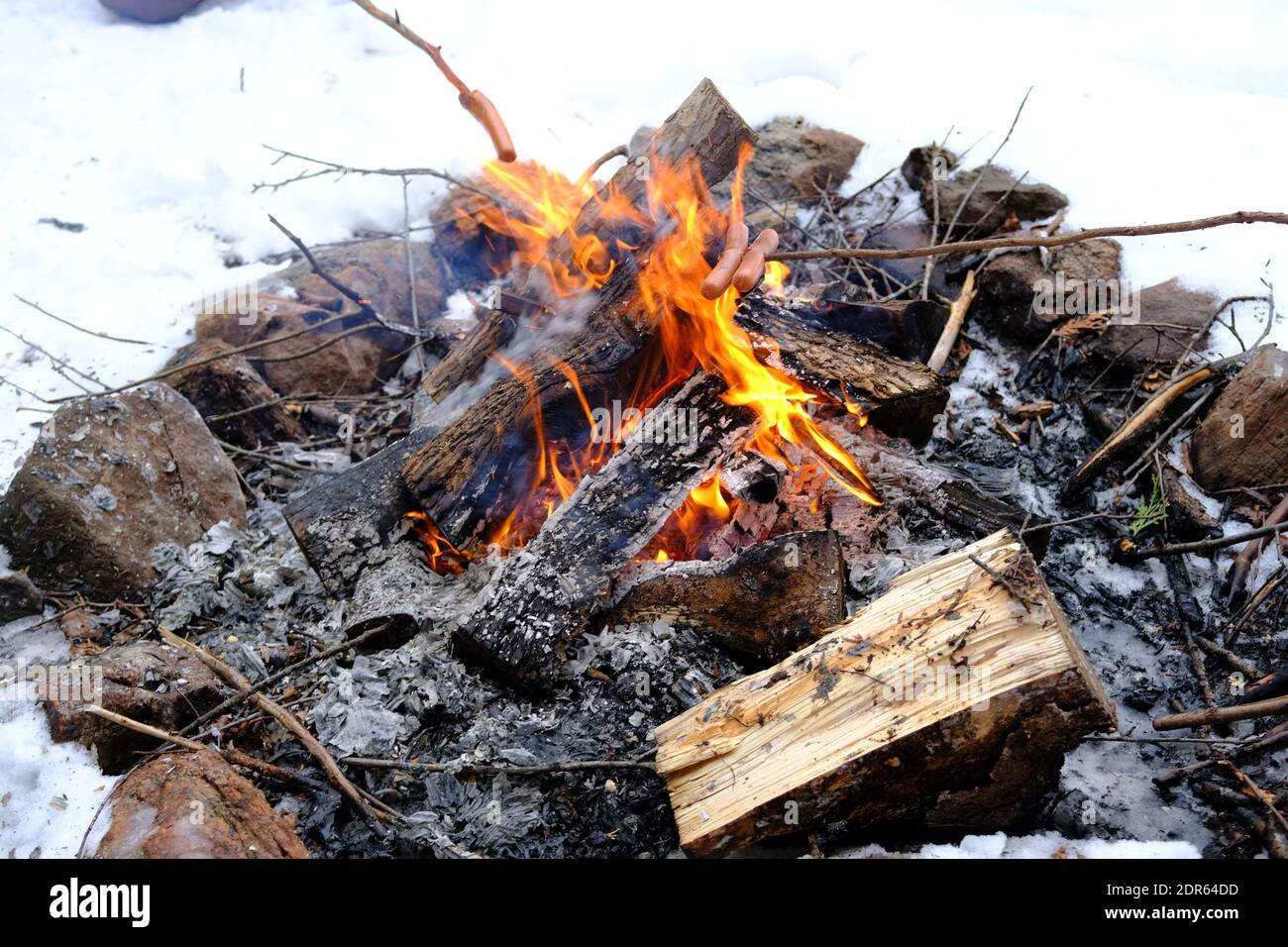 Roasting hot dogs over an open fire outdoors in the snow in winter in ...