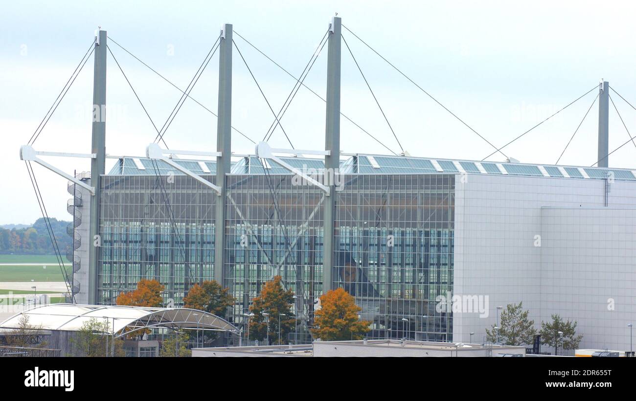 MUNICH, GERMANY - 11 OCTOBER 2015: An aircraft hangar as a tall glass ...