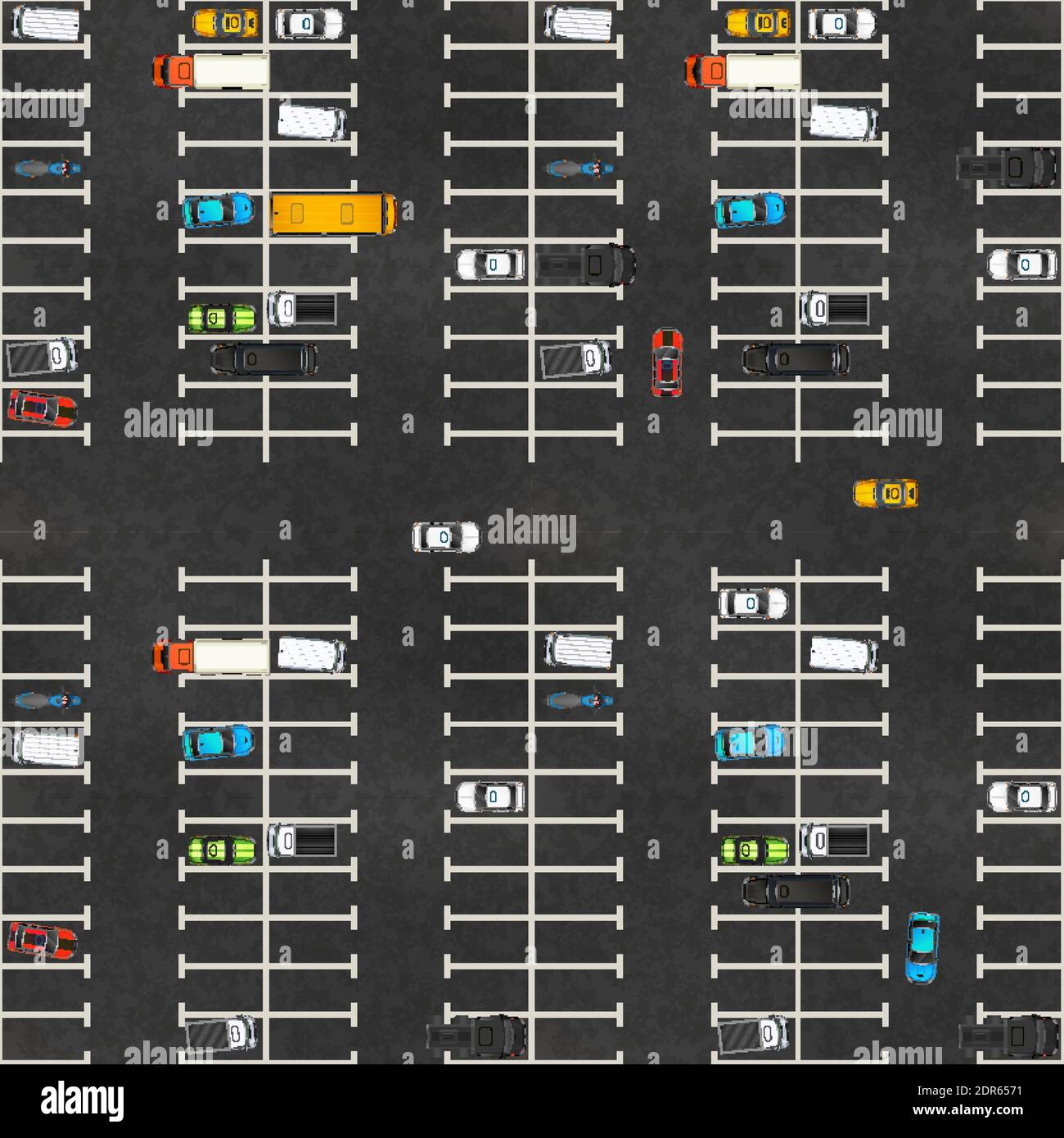 Top view of parking with lots of realistic glossy cars on asphalt ...