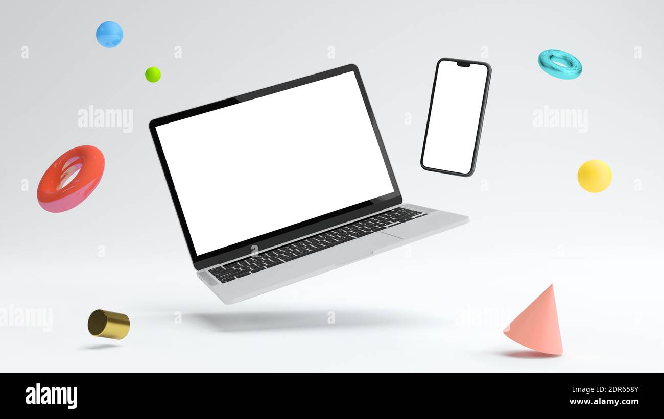 Mockup of notebook and phone floating surrounded by geometric objects ...