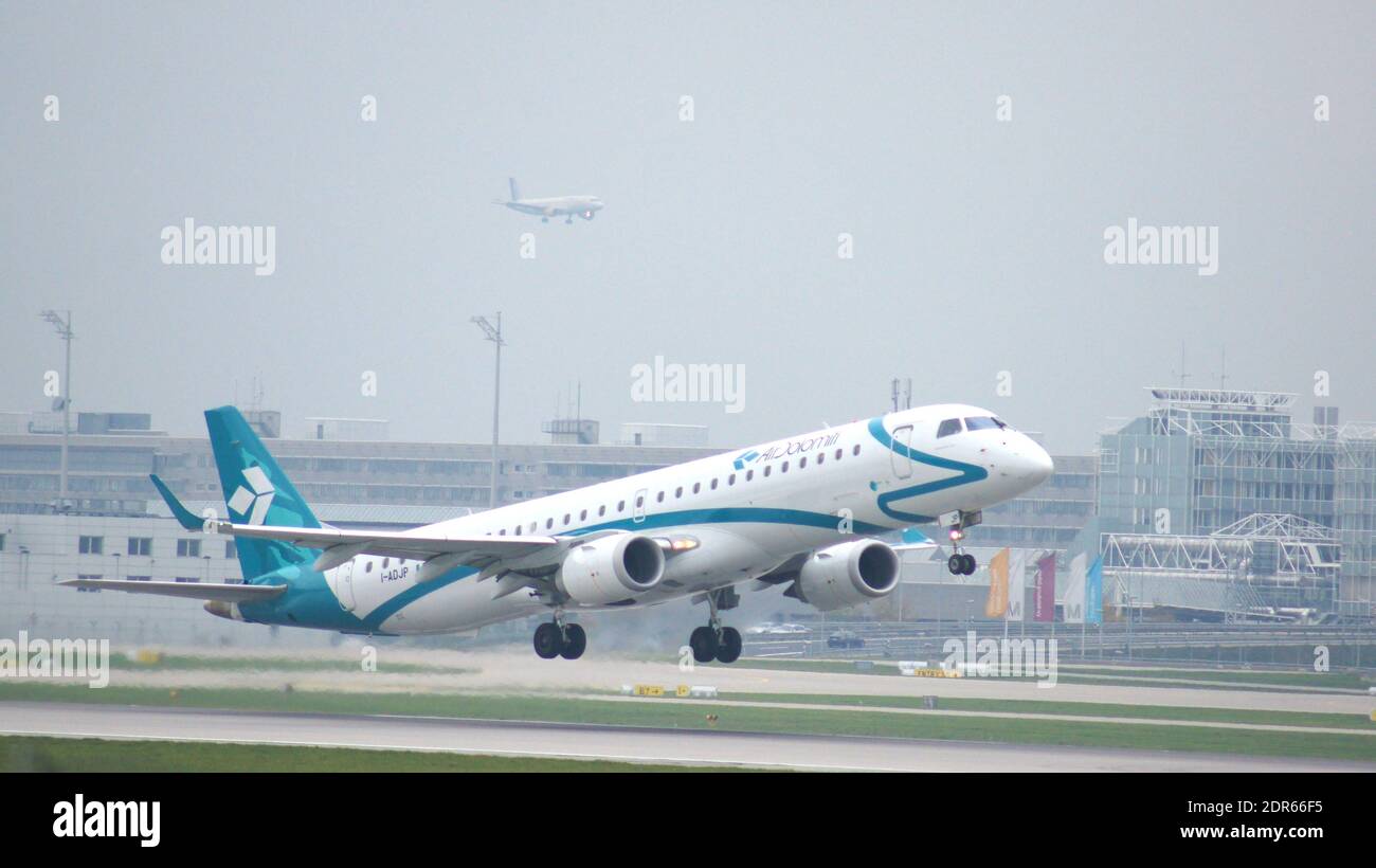 MUNICH, GERMANY - 11 OCTOBER 2015: Jet plane Embraer E-Jet ERJ-195 of ...