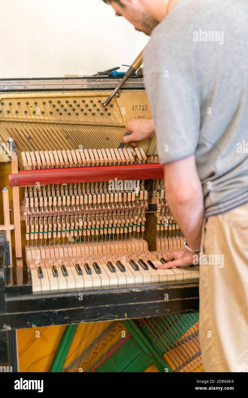 Piano tuning process. closeup of hand and tools of tuner working on ...