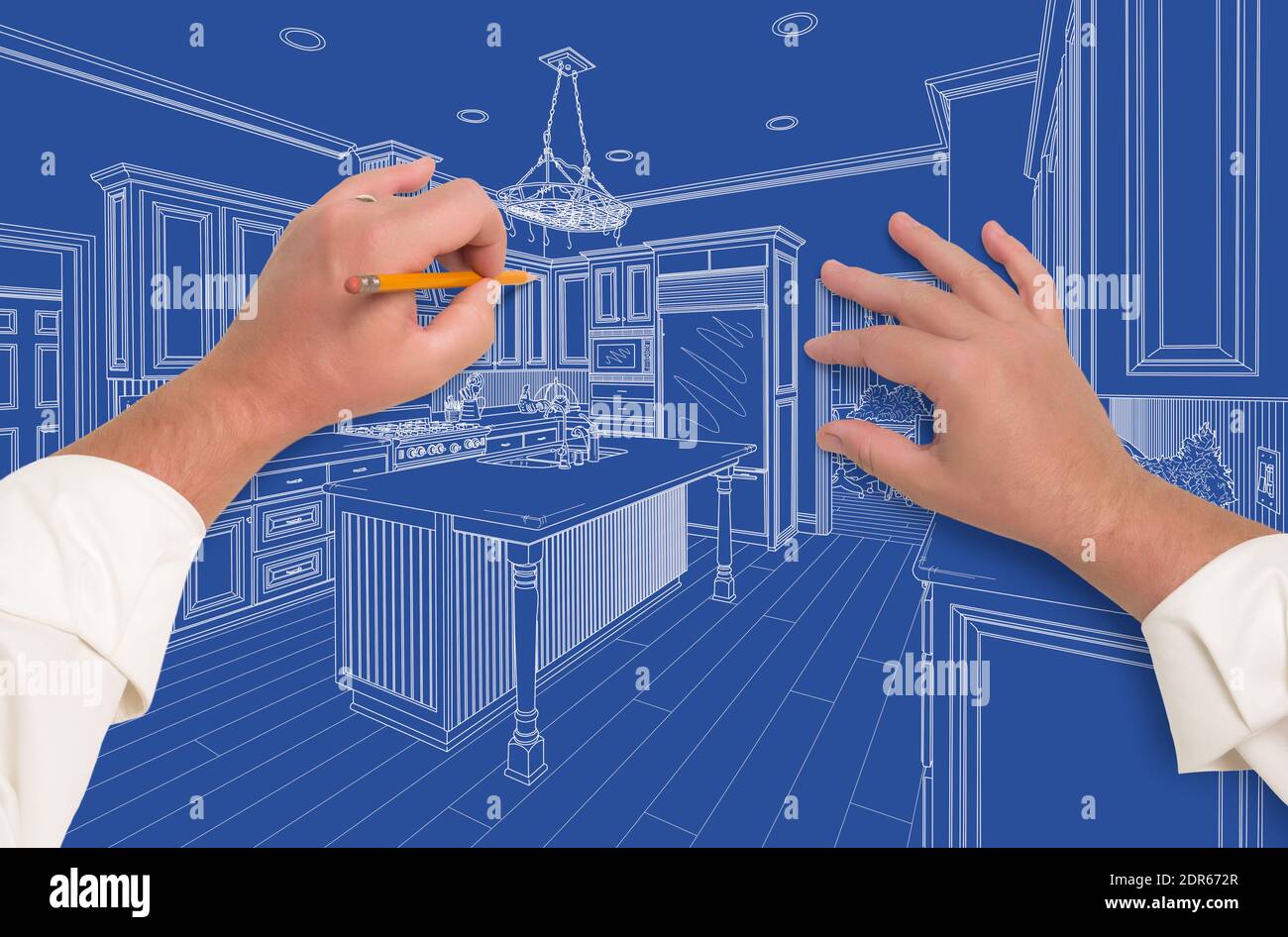 Architect Drawing Kitchen Design Blueprint Stock Photo - Alamy