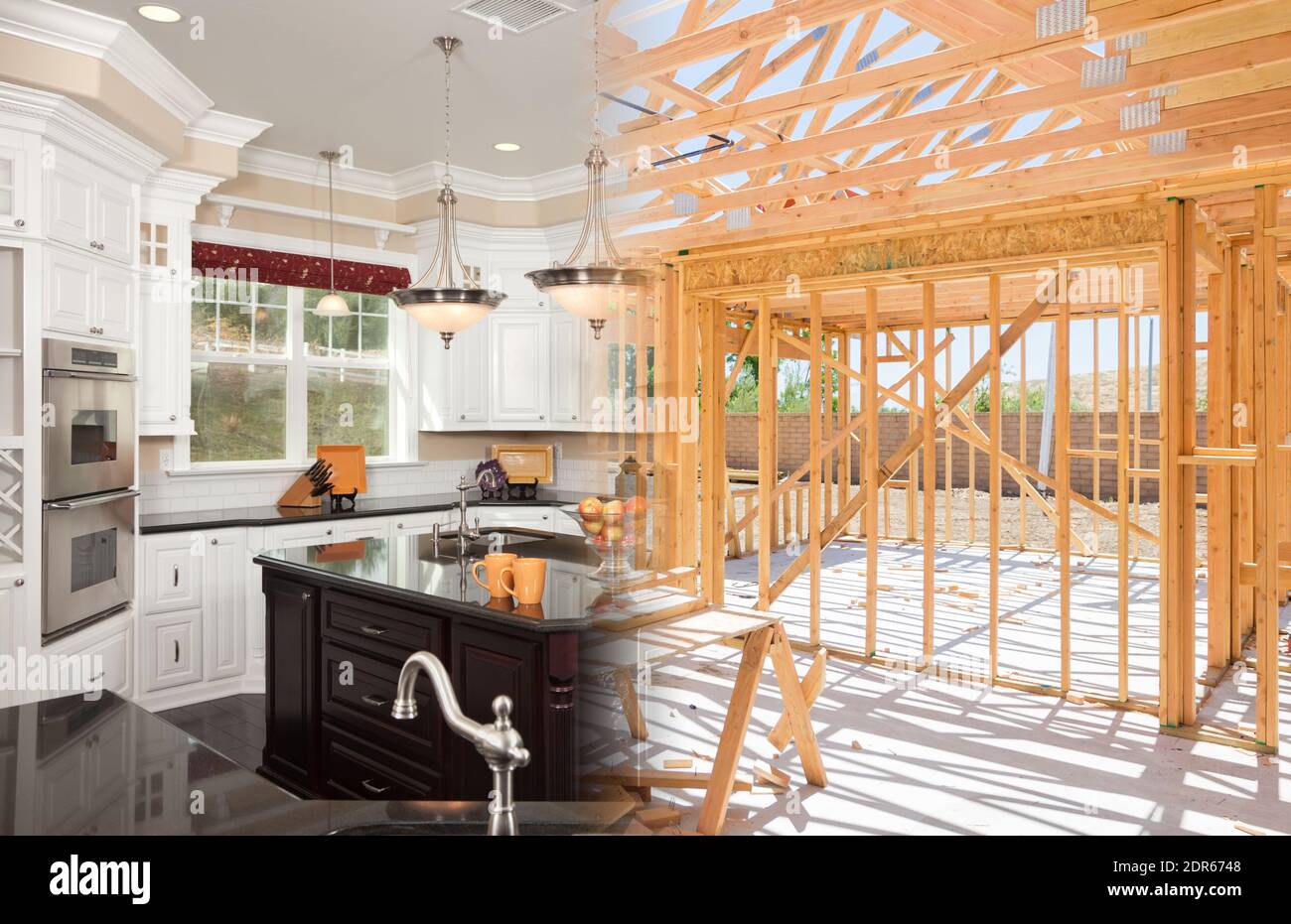 Finished Custom Kitchen Build Gradating Into House Construction Framing ...