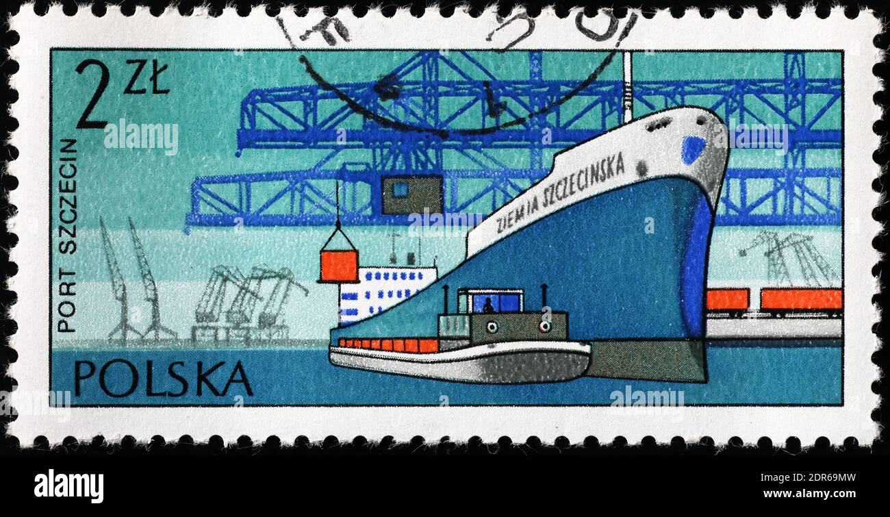 Container ship on polish postage stamp Stock Photo - Alamy