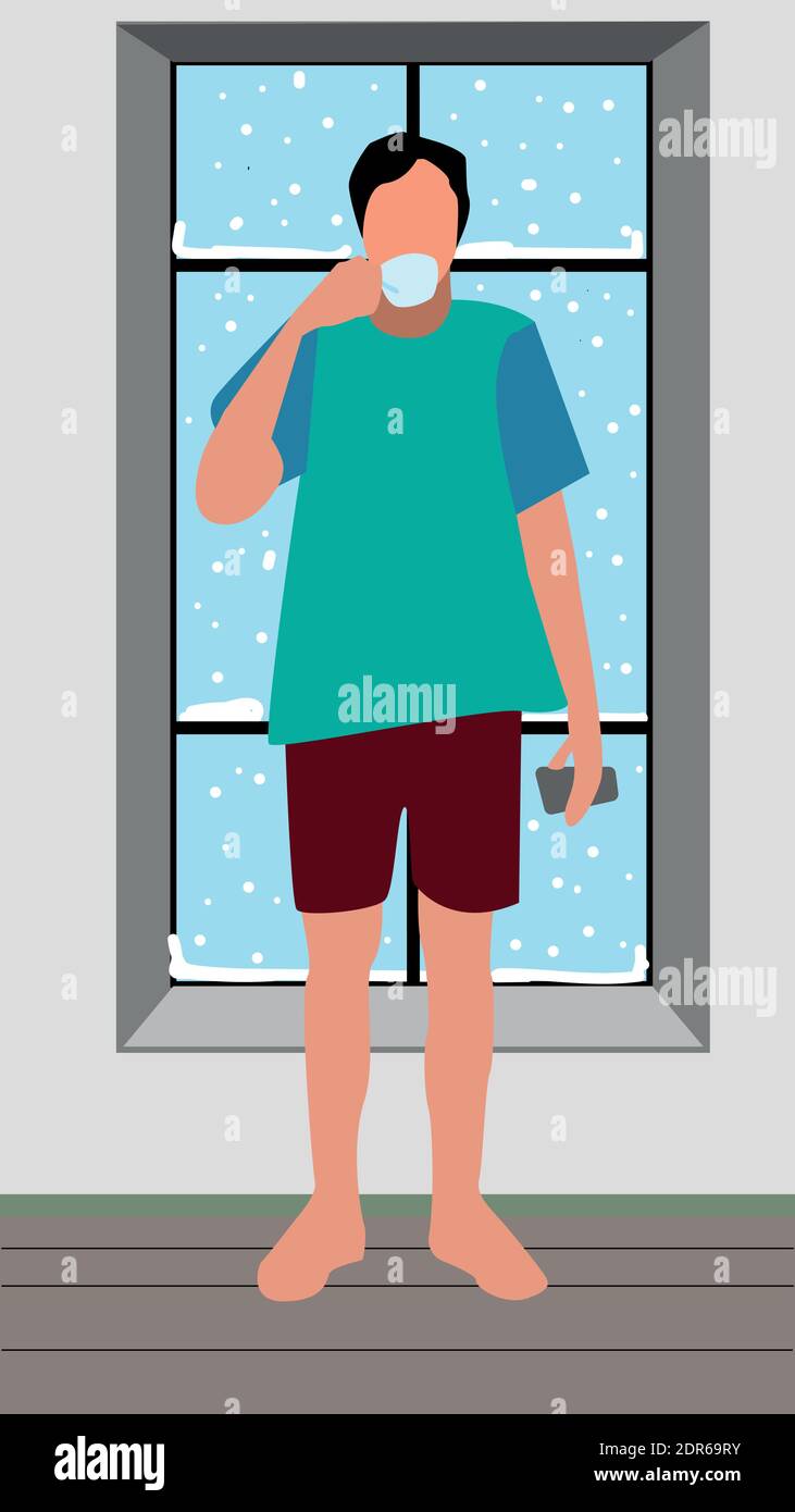 Self isolation stay at home new normal man standing and drinking coffee ...