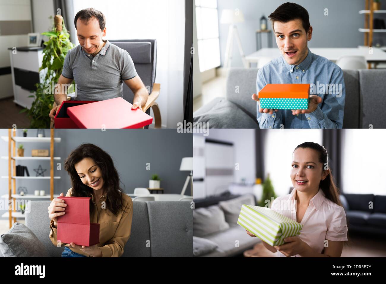 Happy People Receiving Gift Box Package In Online Party Celebration ...