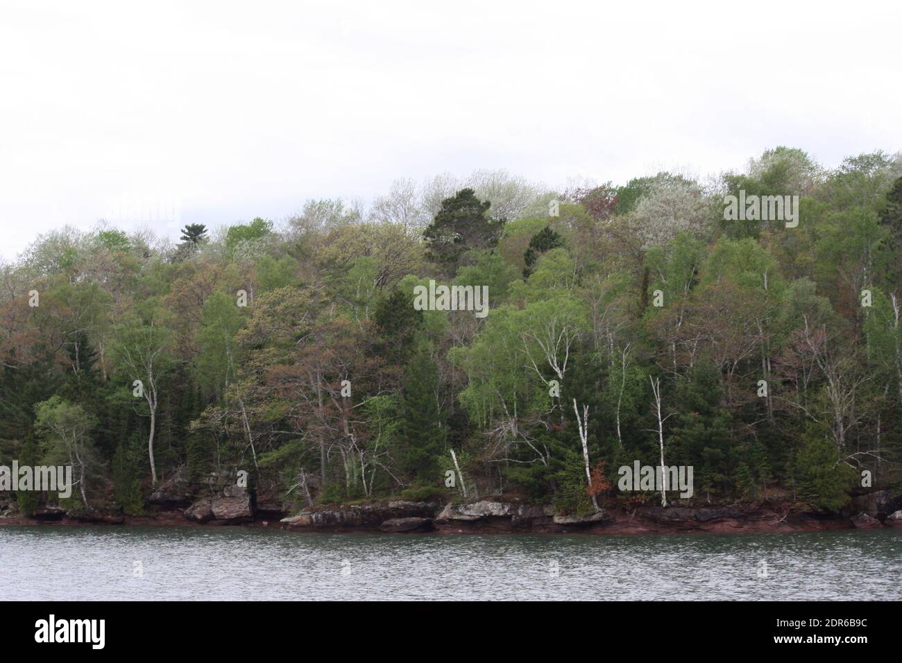 The rocky shoreline of Lake Superior lined with a variety of trees ...