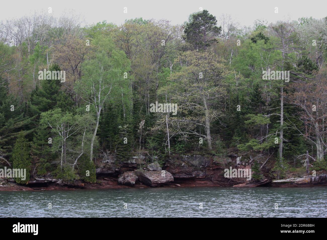 The rocky shoreline of Lake Superior lined with a variety of trees ...
