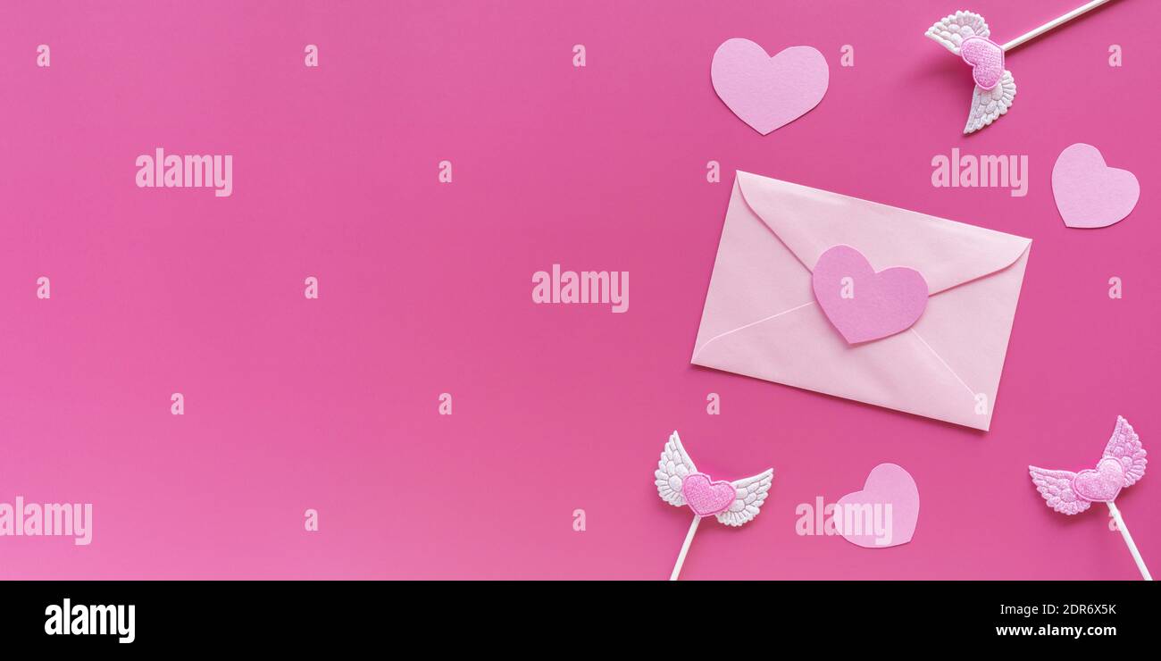 Valentine's day banner. Pink hearts, toppers, envelope with letter on ...