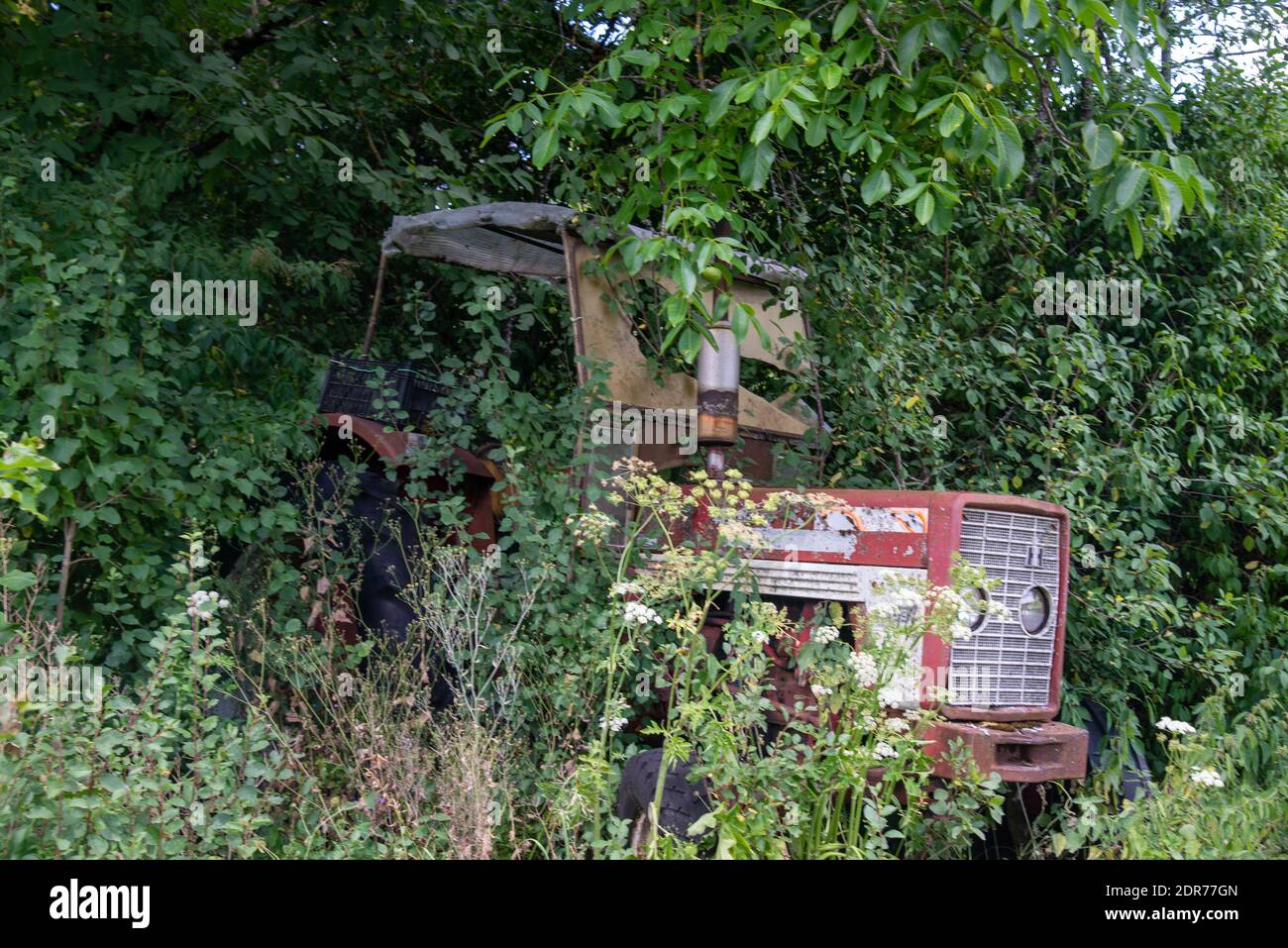 old tractor overgrown at farm in France Stock Photo - Alamy