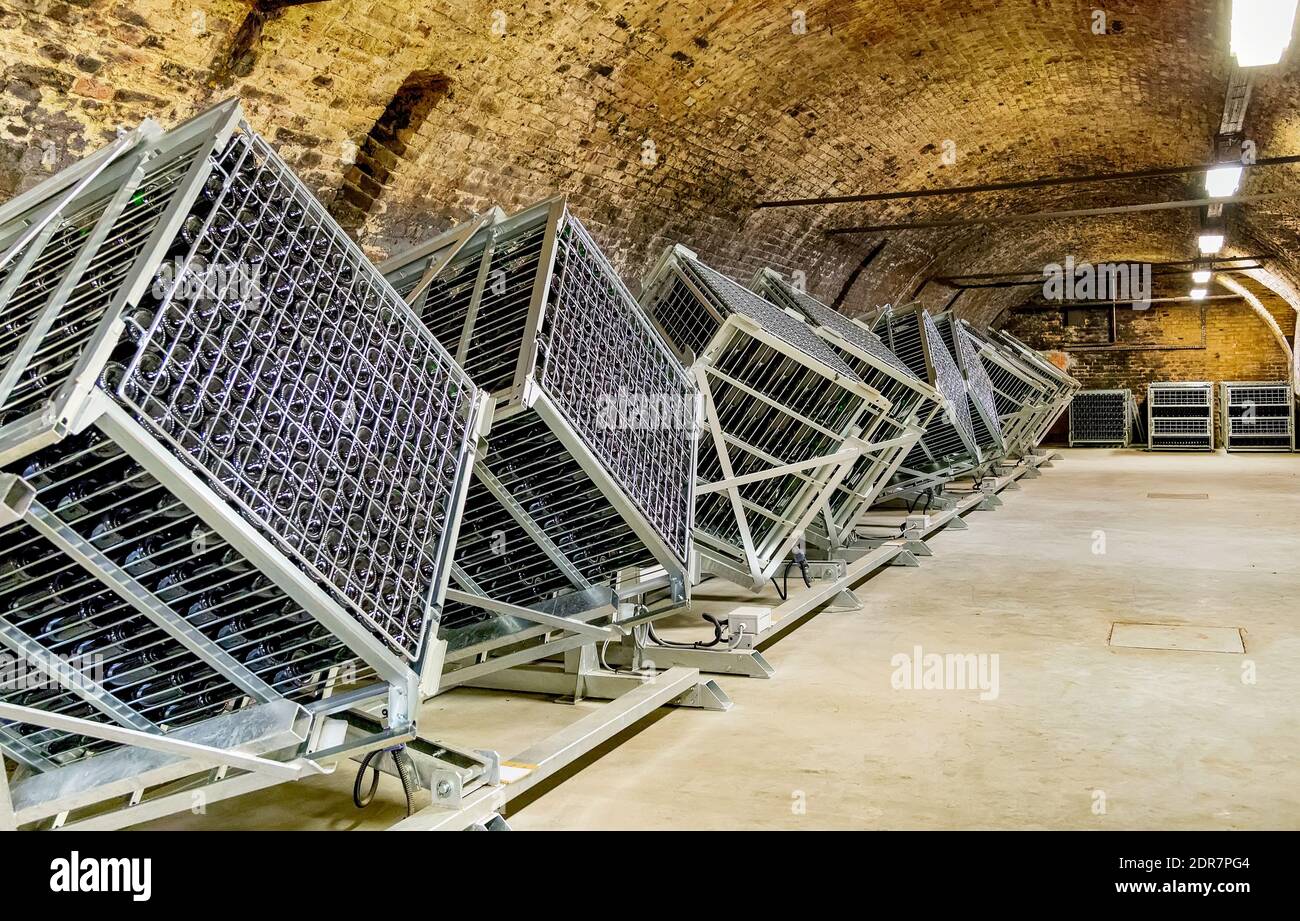 Sparkling wine cellar for traditional maturation method Stock Photo - Alamy