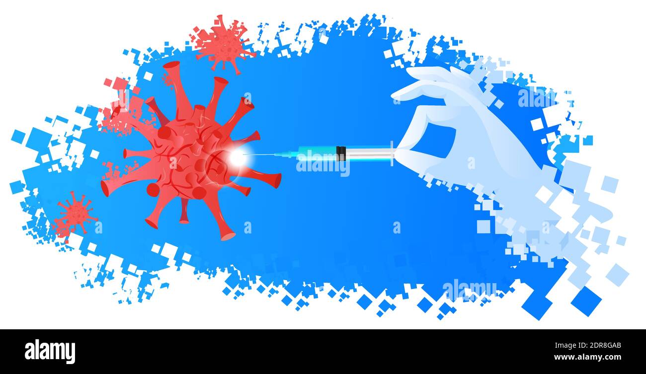 red influenza virus cells and syringe with coronavirus vaccine fight ...
