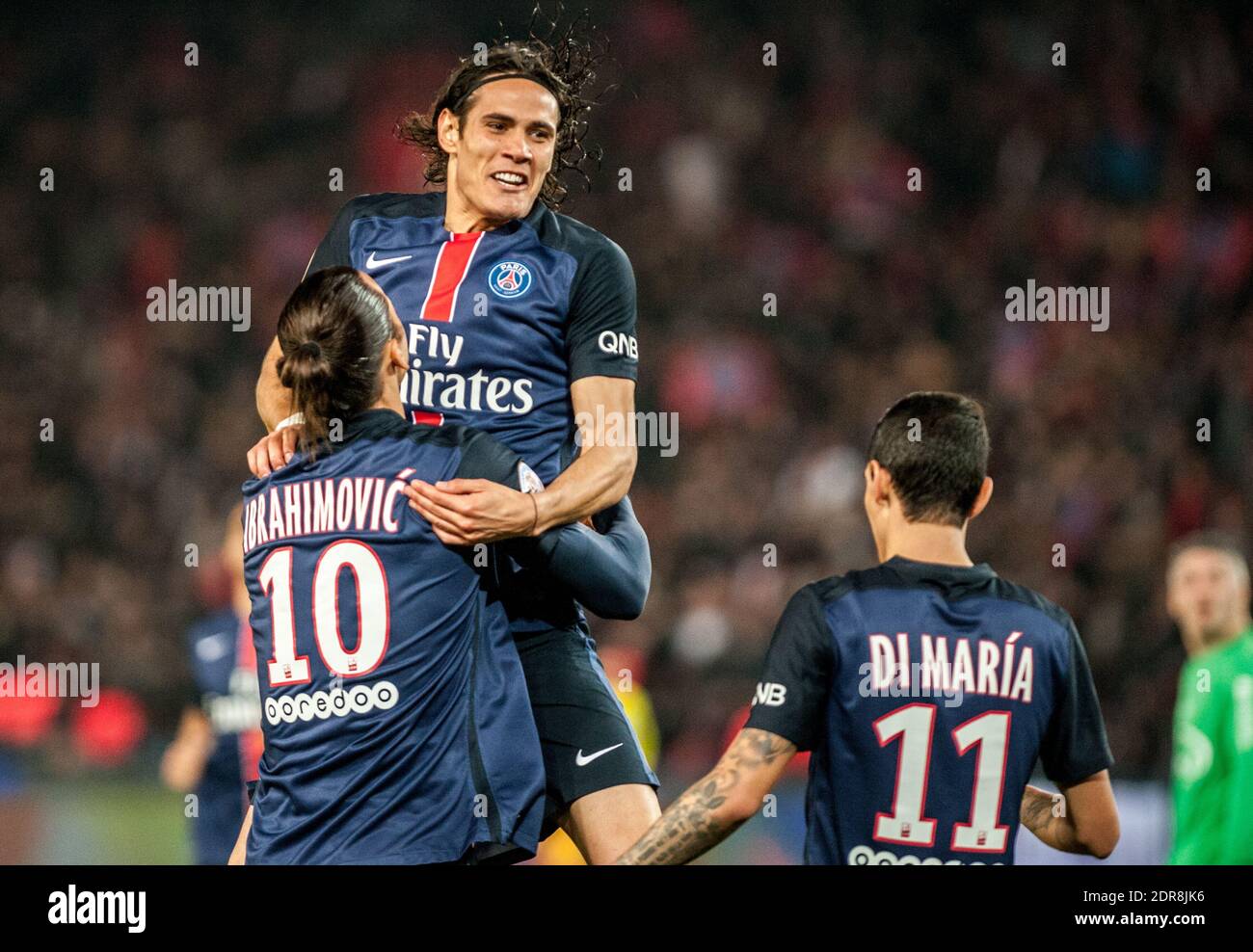 PSG's Edinson Cavani, Zlatan Ibrahimovic and Angel Di Maria celebrate ...