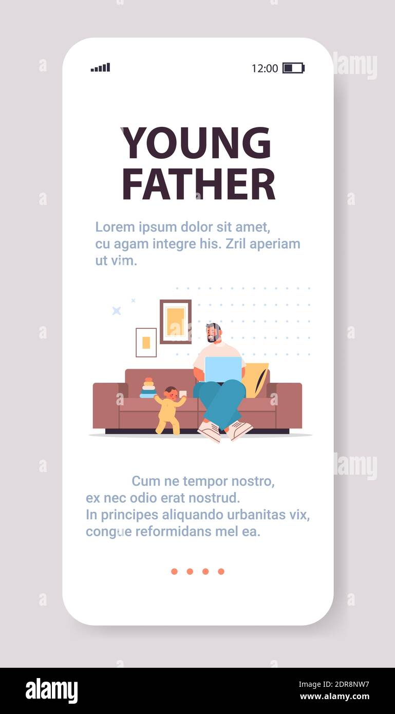 young father playing with little son and using laptop fatherhood ...