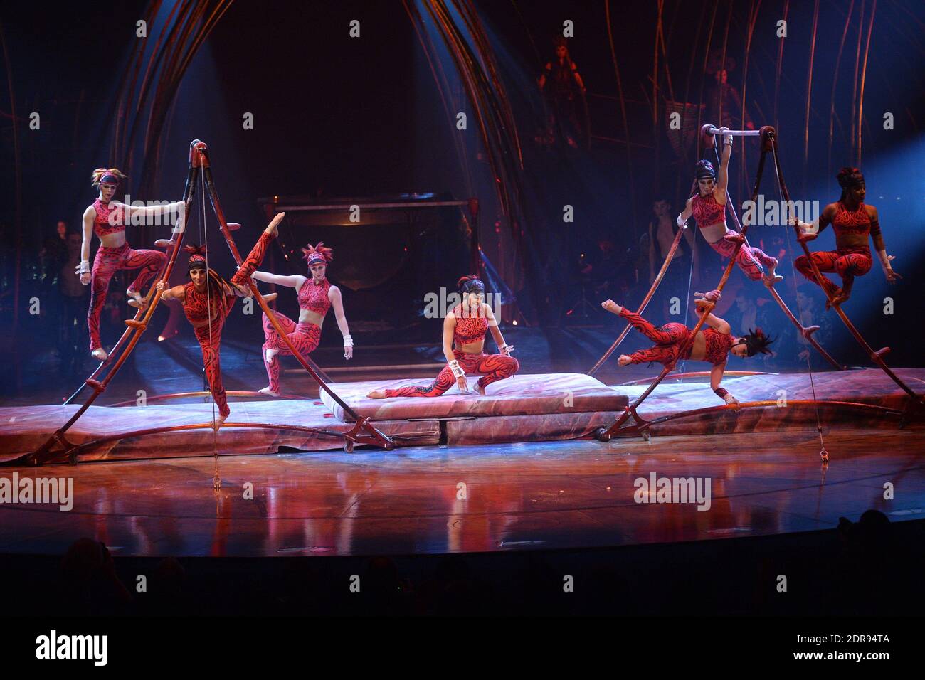 Cast members from Cirque du Soleil perform on stage during a preview of ...