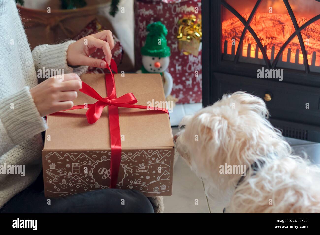 Woman unwrapping gift box next to Christmas tree Stock Photo - Alamy