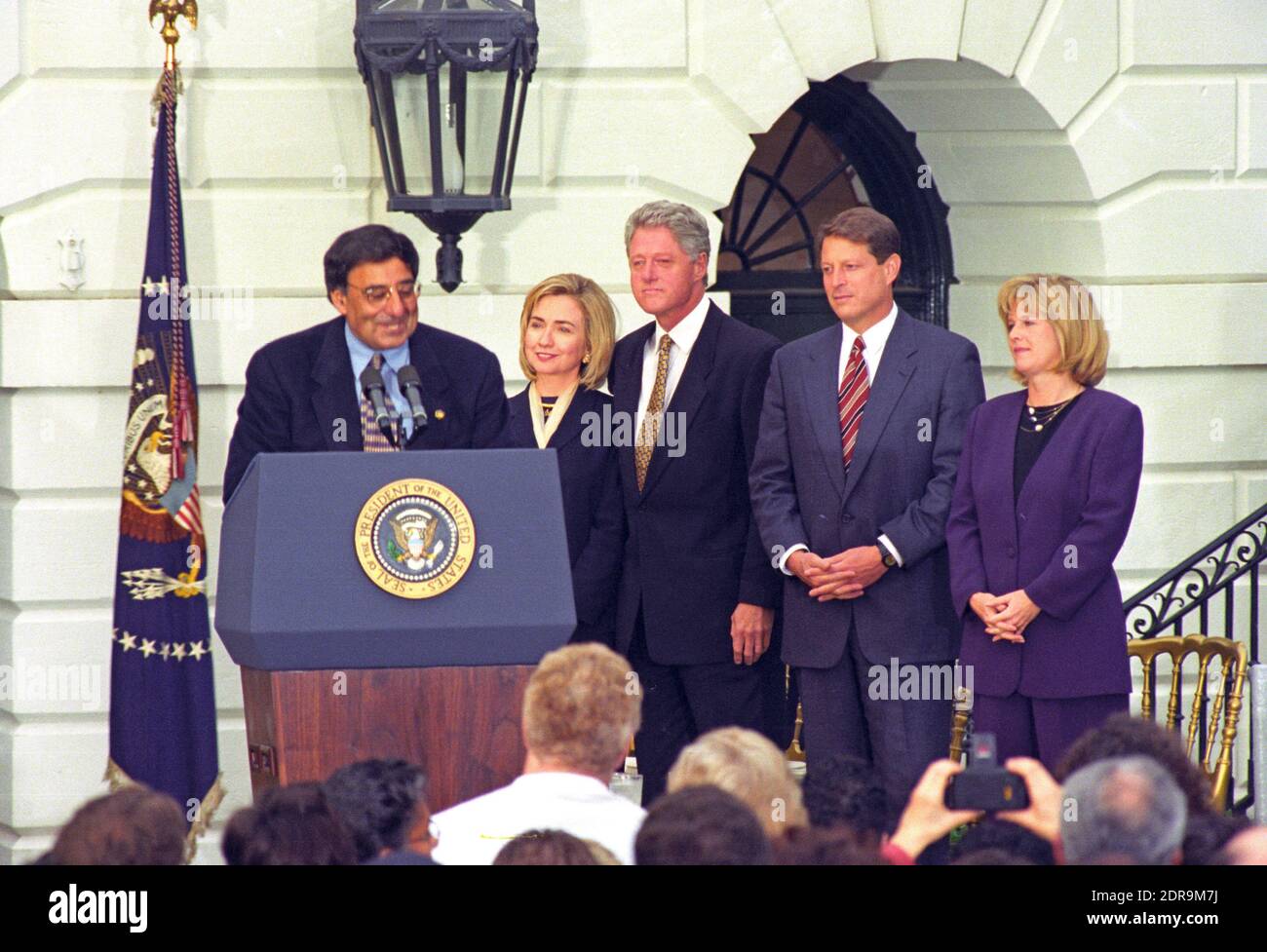 White House Chief of Staff Leon Panetta welcomes the Clintons and the ...