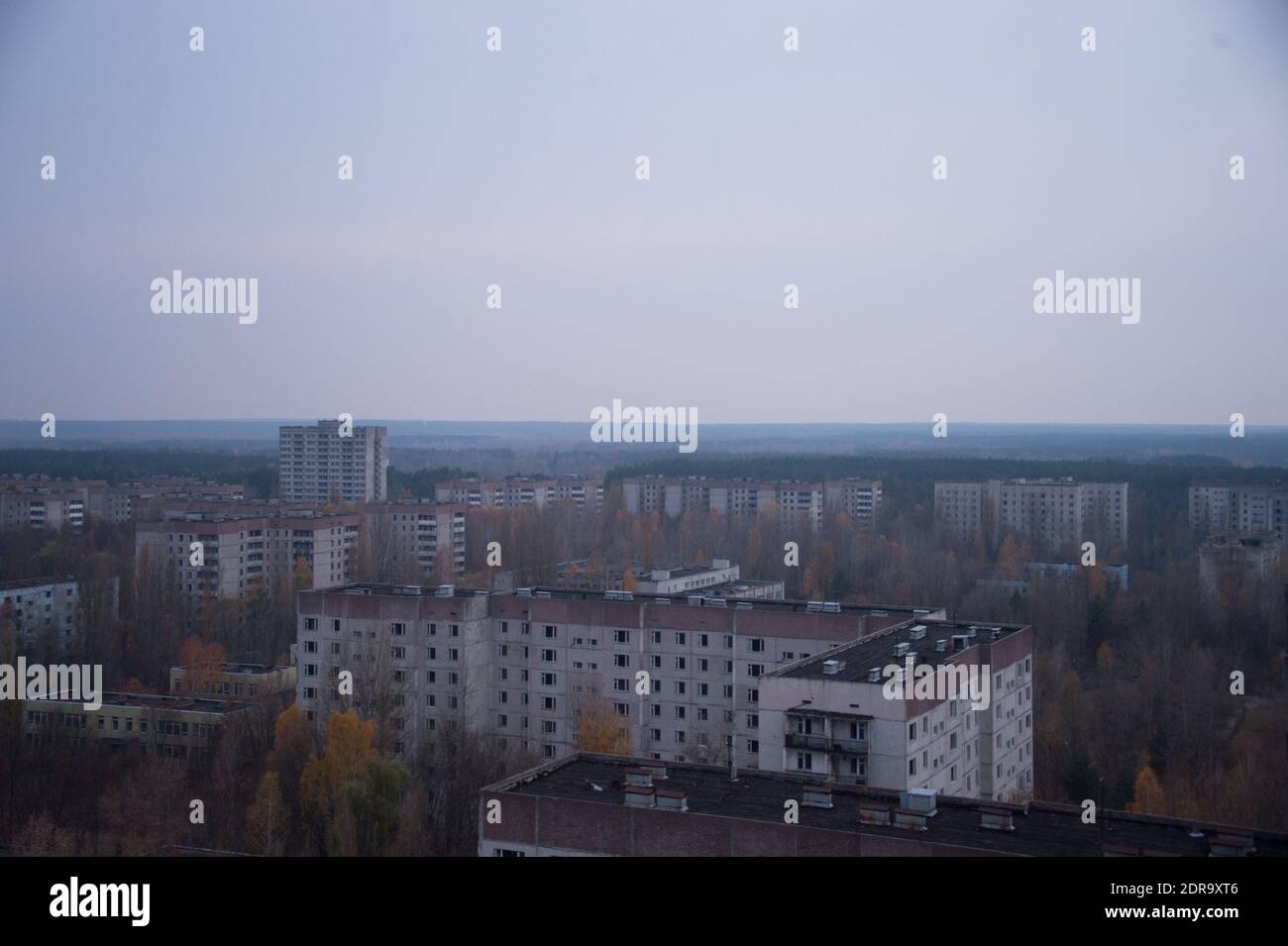 General view of the empty city of Pripyat in the Chernobyl Exclusion ...