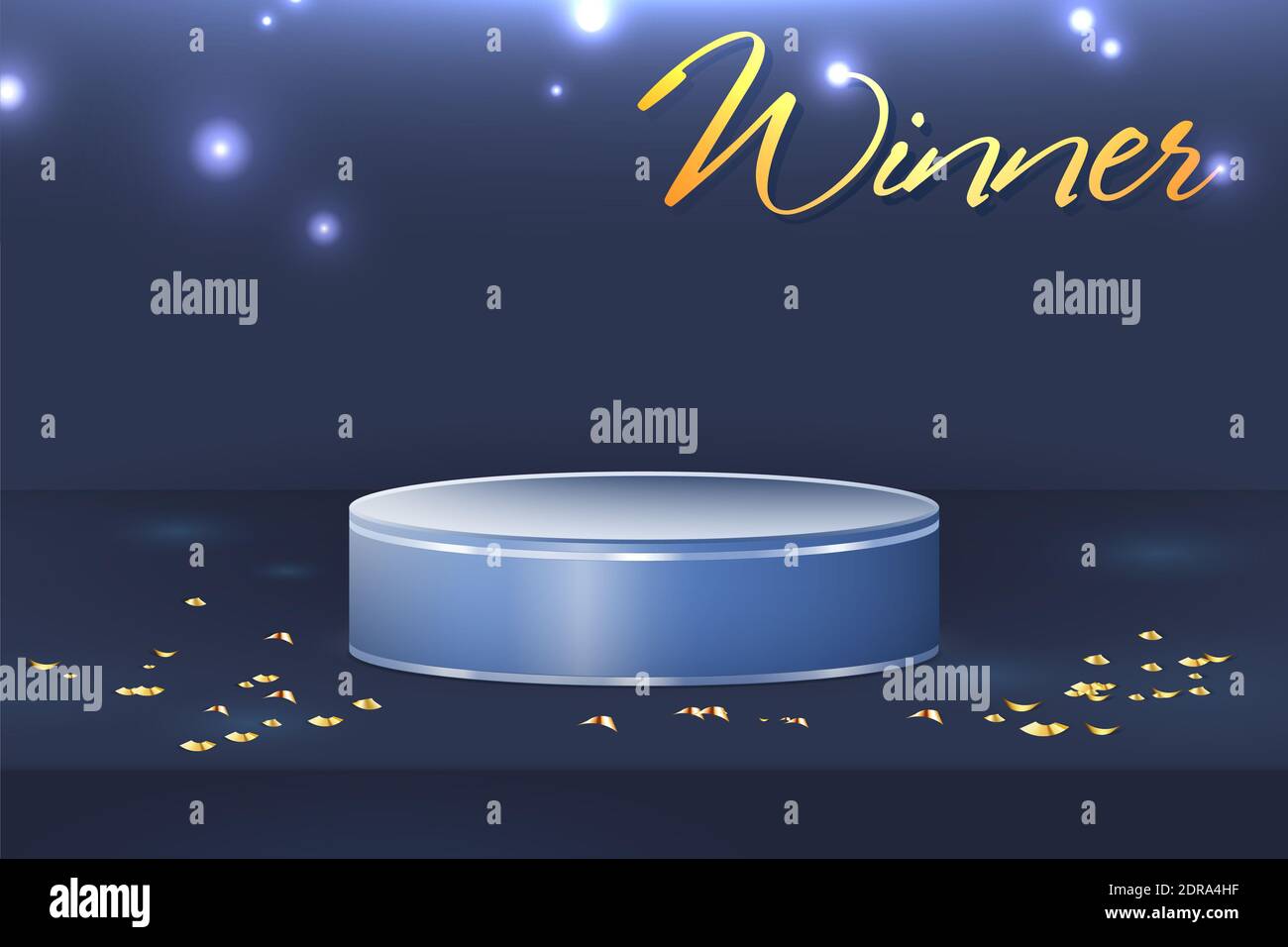 Round winner podium with golden glitters around on bright blue ...