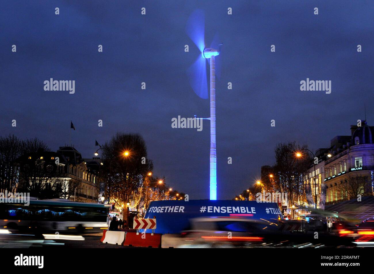 Wind turbine's on the Champs Elysees in Paris, France December 01, 2015 ...