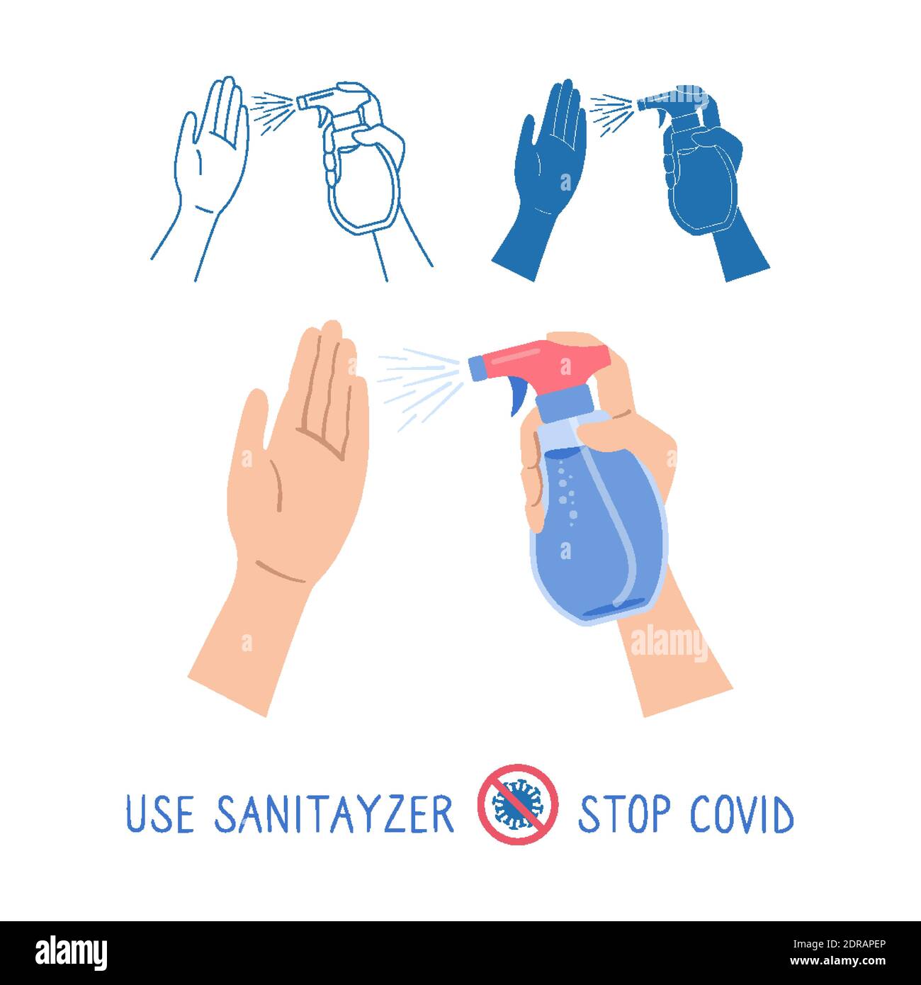 Hands holds antibacterial, antiviral spray set, cartoon linear and ...