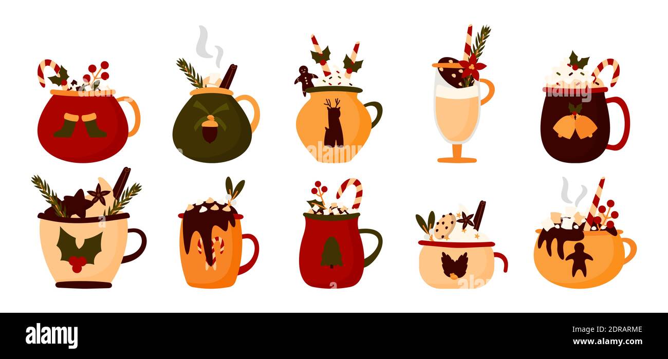 Flat Christmas mug drink set. Warm holiday cocoa with marshmallows, cup ...