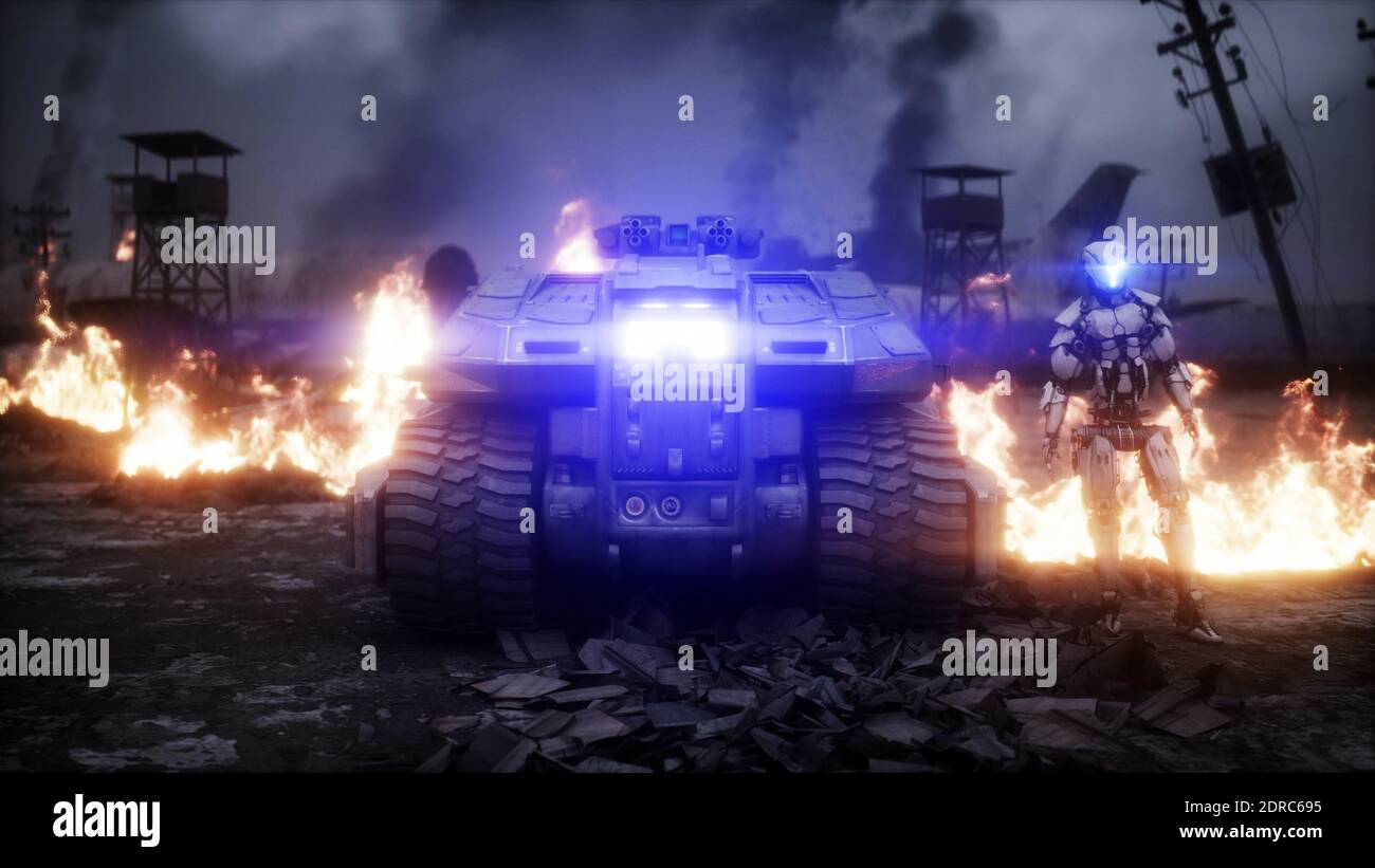 Military car in a burning ruined apocalyptic city. Armageddon view ...