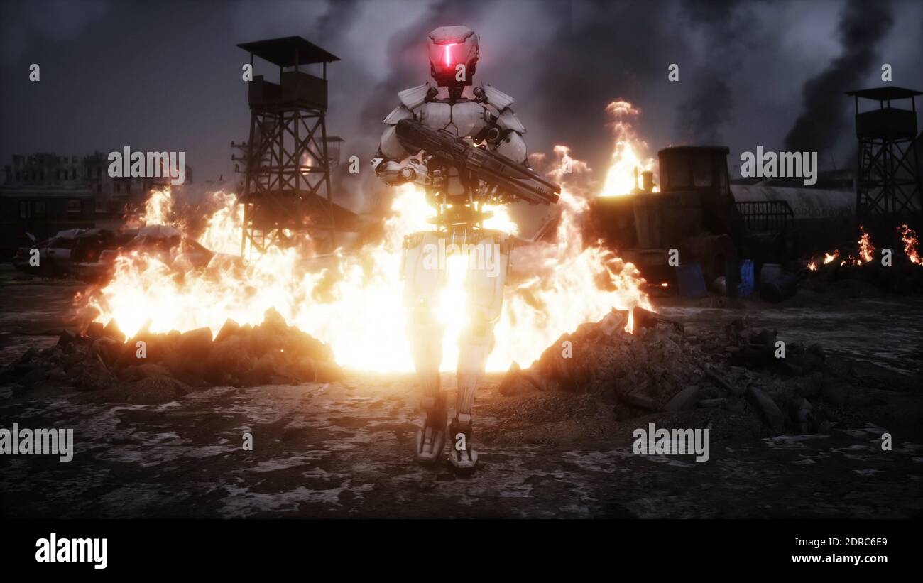 Military robot in a burning ruined apocalyptic city. Armageddon view ...