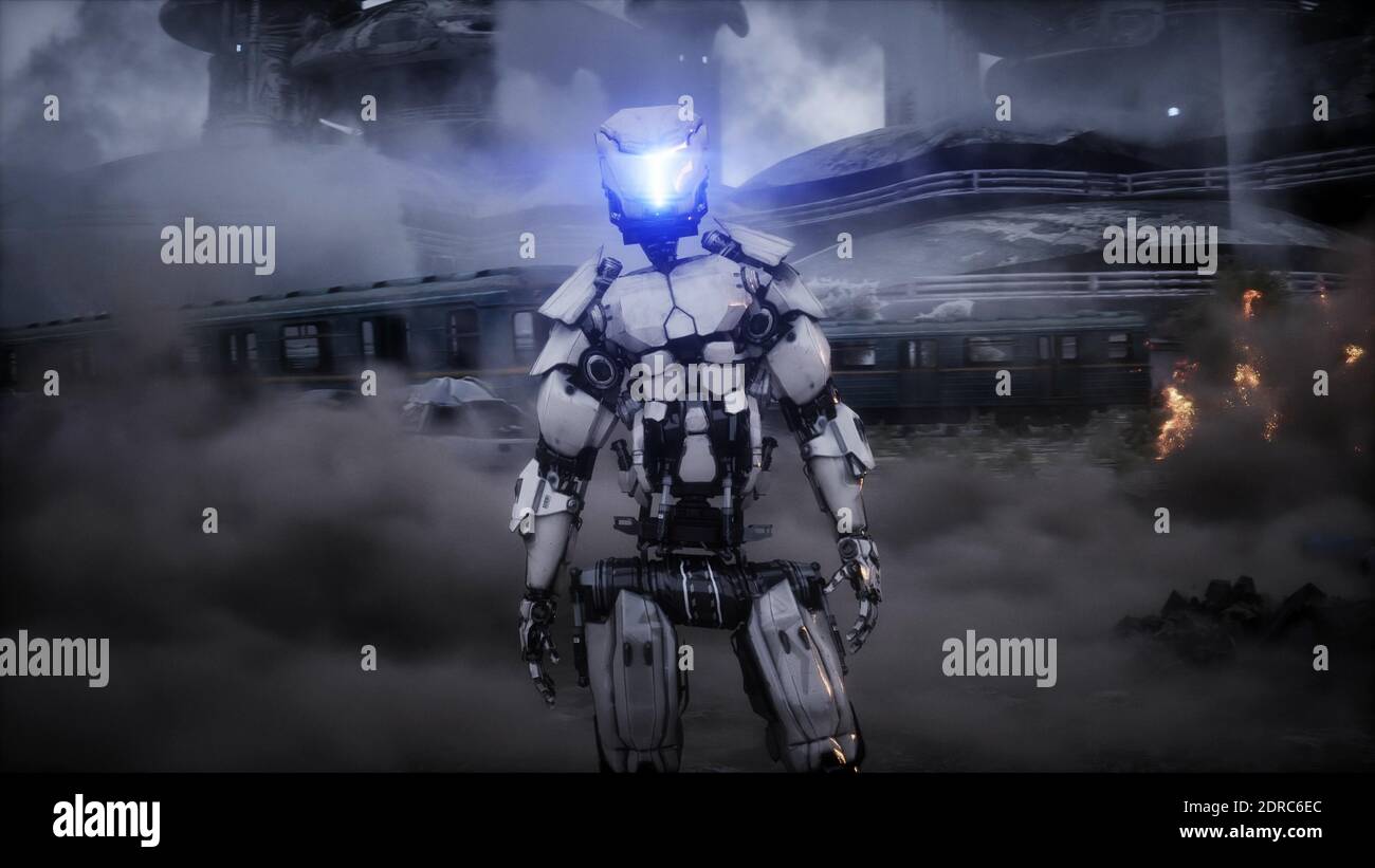 Futuristic sci fi ship take wing. Military robot. Apocalypse city. 3d ...