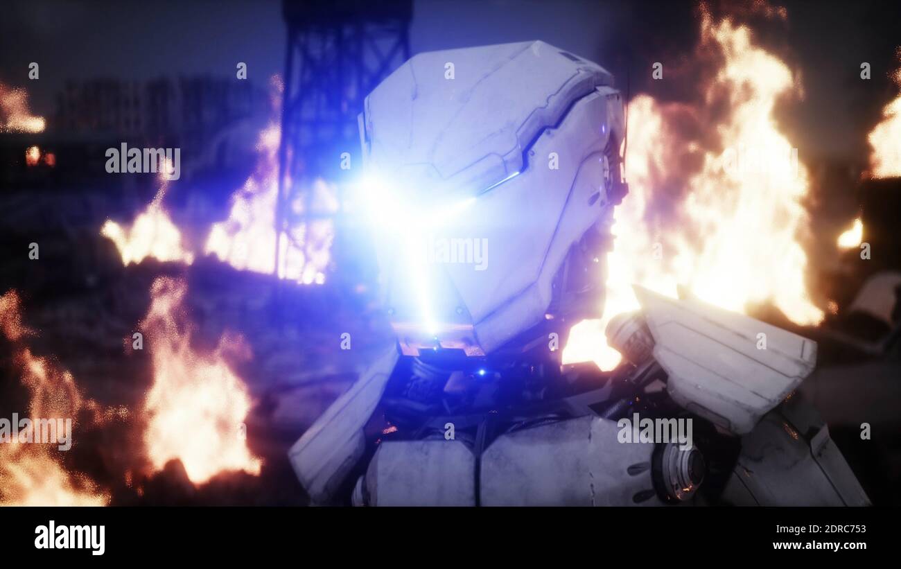 Military robot in a burning ruined apocalyptic city. Armageddon view ...