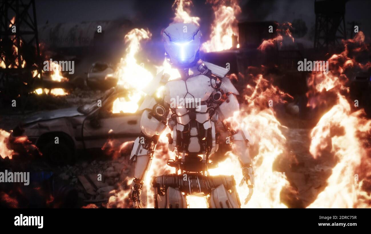Military robot in a burning ruined apocalyptic city. Armageddon view ...