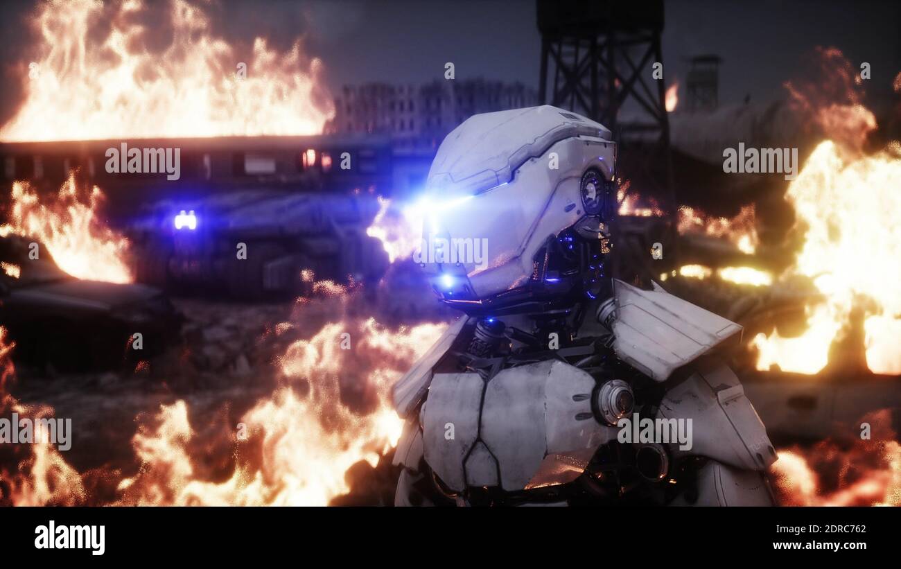 Military robot in a burning ruined apocalyptic city. Armageddon view ...