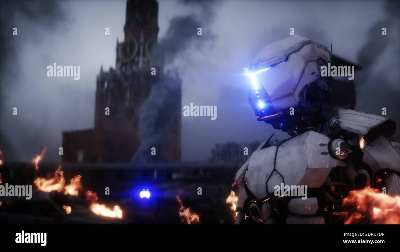 Military robot in a burning ruined apocalyptic Moscow city. Russian ...