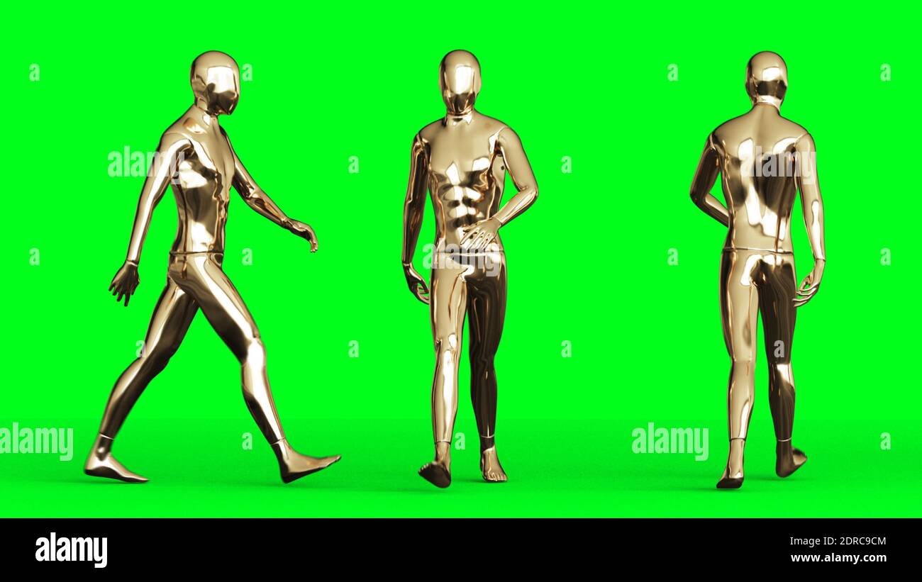 Golden man character animation. Isolate on green screen. 3d rendering ...