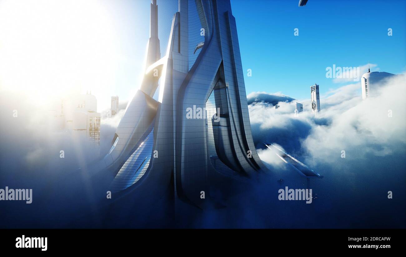 Futuristic sci fi city in clouds. Utopia. concept of the future. Flying ...