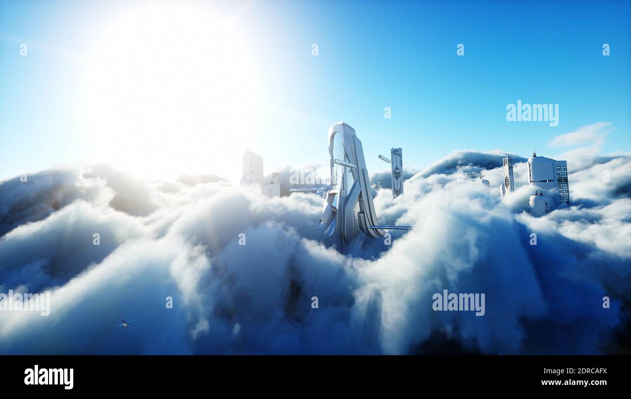 Futuristic sci fi city in clouds. Utopia. concept of the future. Flying ...