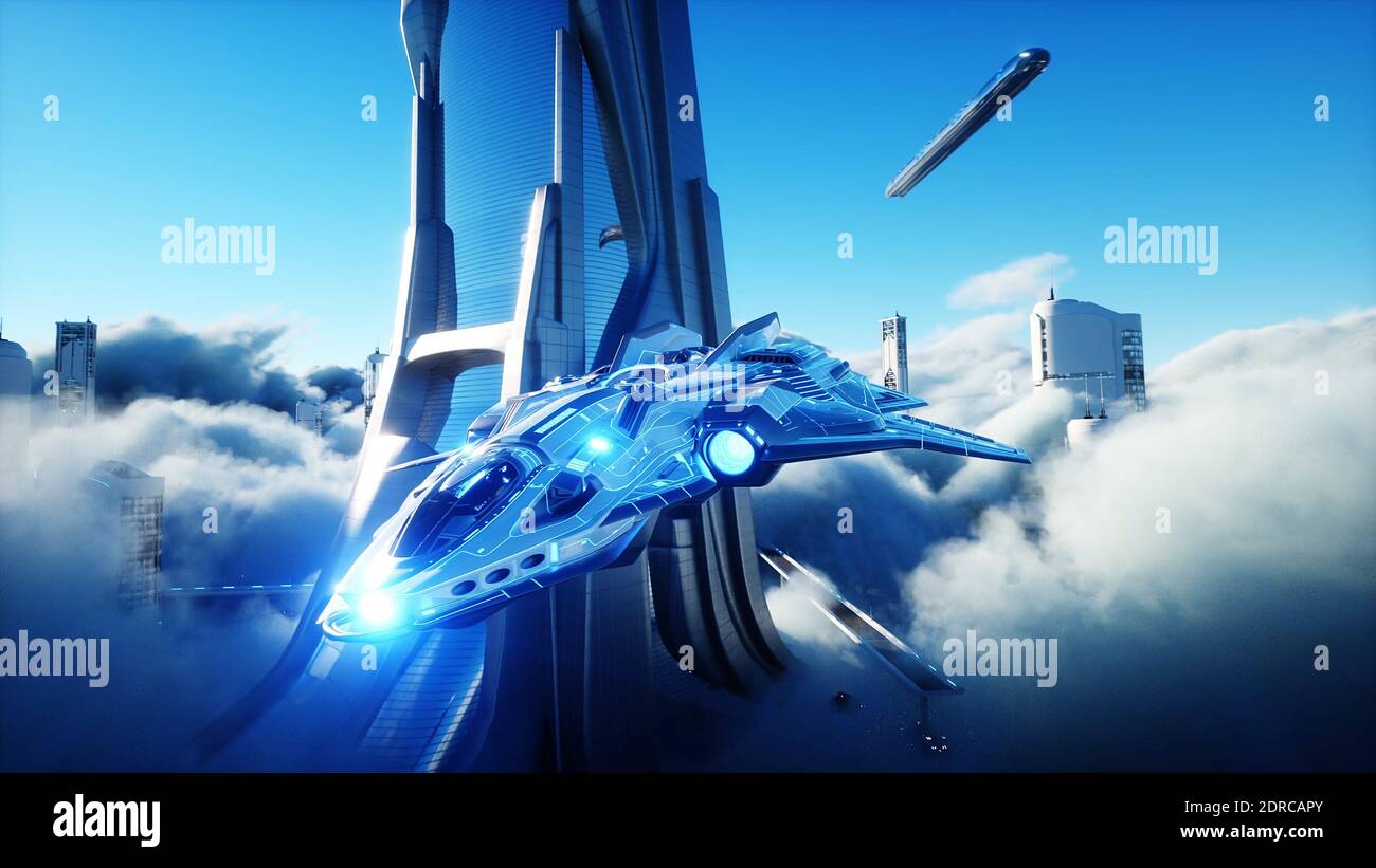 Futuristic sci fi city in clouds. Utopia. concept of the future. Flying passenger transport ...