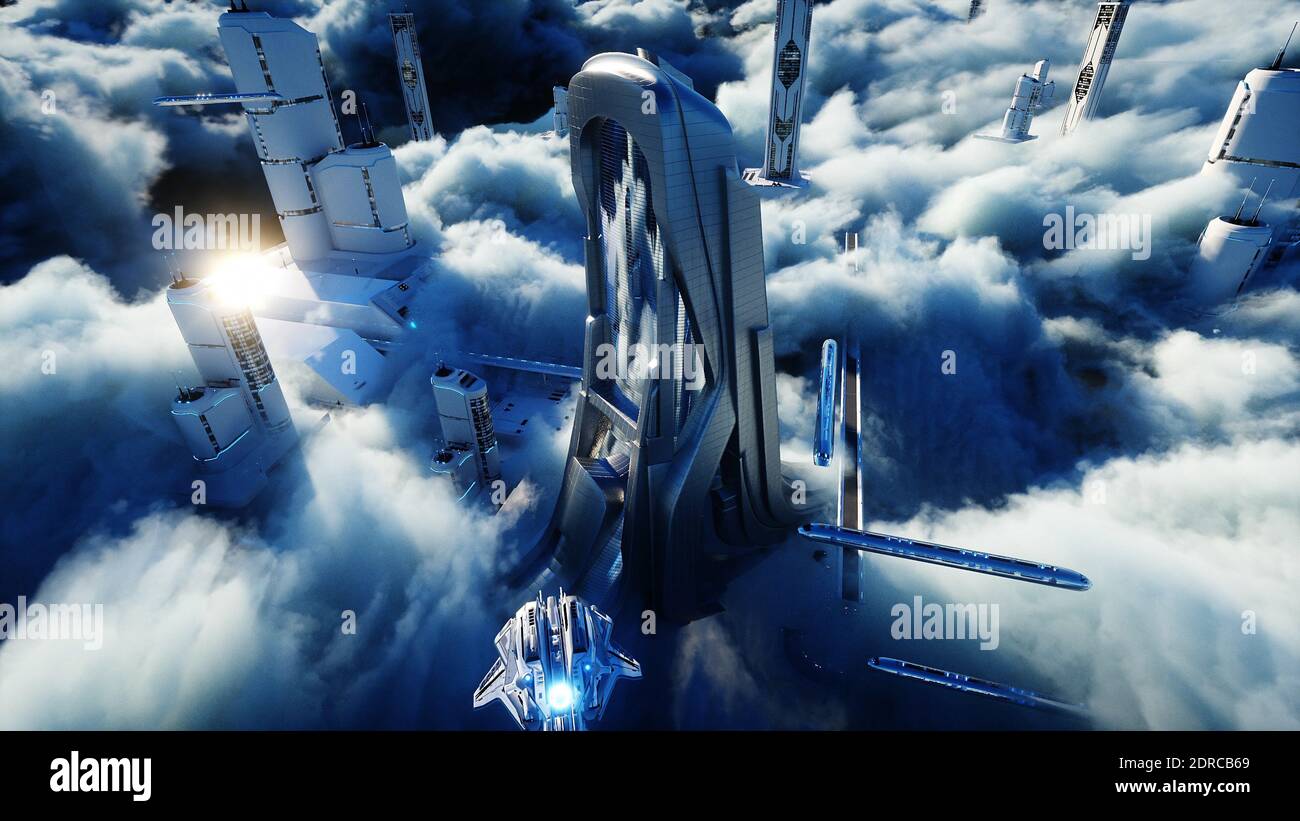 Futuristic sci fi city in clouds. Utopia. concept of the future. Flying ... Futuristic sci fi city in clouds. Utopia. concept of the future. Flying ...