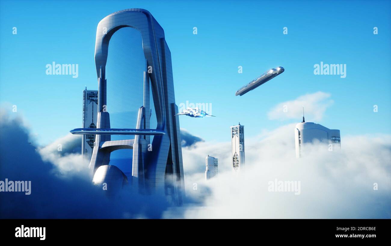 Futuristic sci fi city in clouds. Utopia. concept of the future. Flying ...