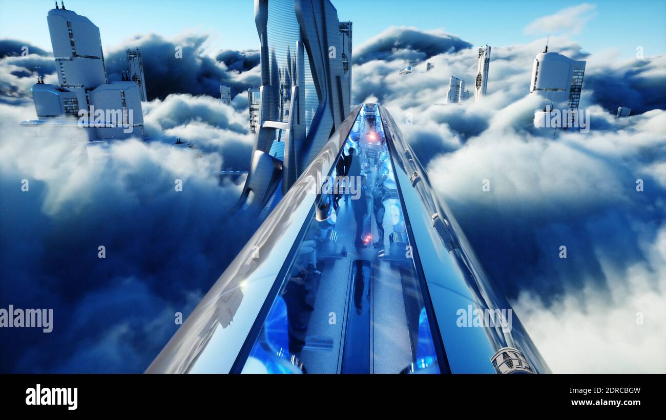 Flying passenger train. Futuristic sci fi city in clouds. Utopia ... Flying passenger train. Futuristic sci fi city in clouds. Utopia ...