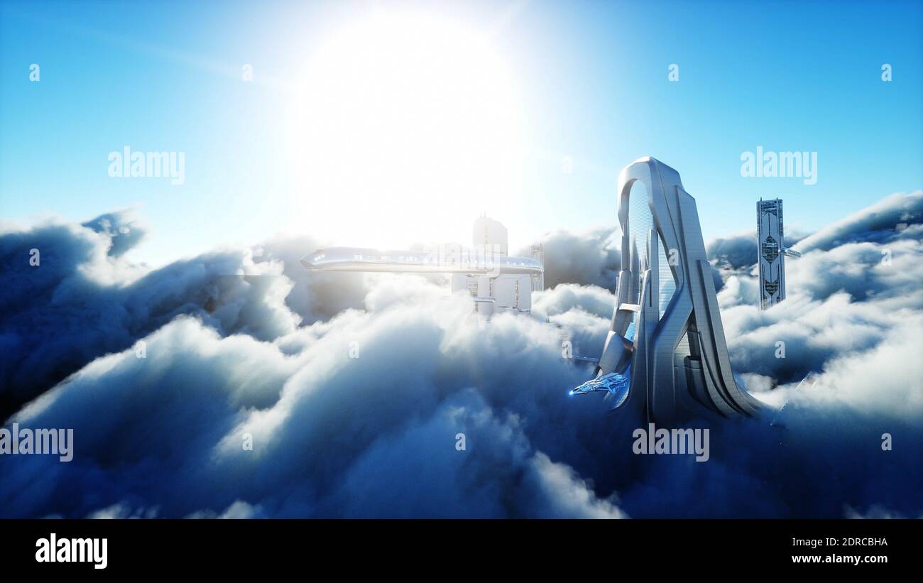 Flying passenger train. Futuristic sci fi city in clouds. Utopia ...