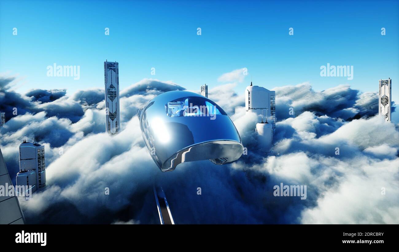 Flying passenger train. Futuristic sci fi city in clouds. Utopia ...