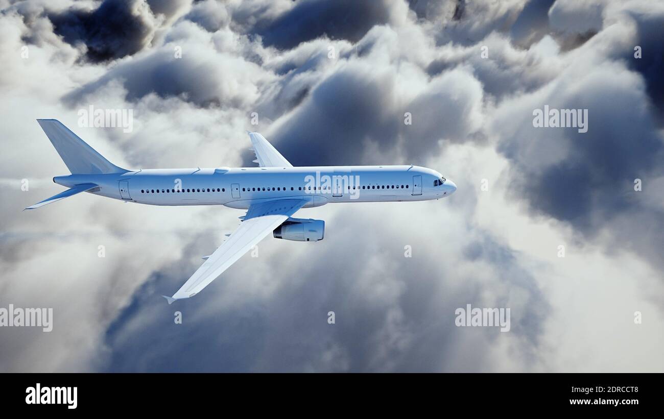 Passenger airbus flying in clouds. Plane. 3d rendering Stock Photo - Alamy