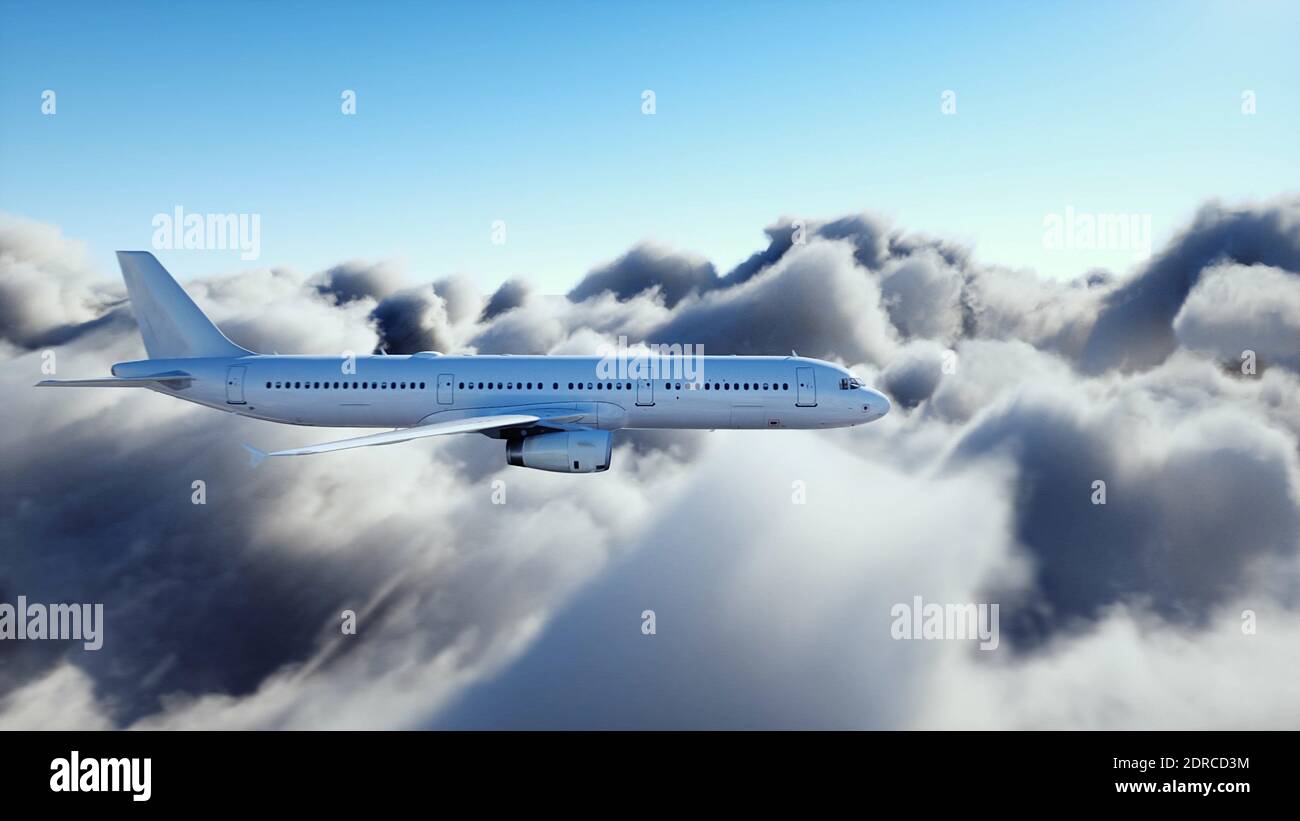 Passenger airbus flying in clouds. Plane. 3d rendering Stock Photo - Alamy
