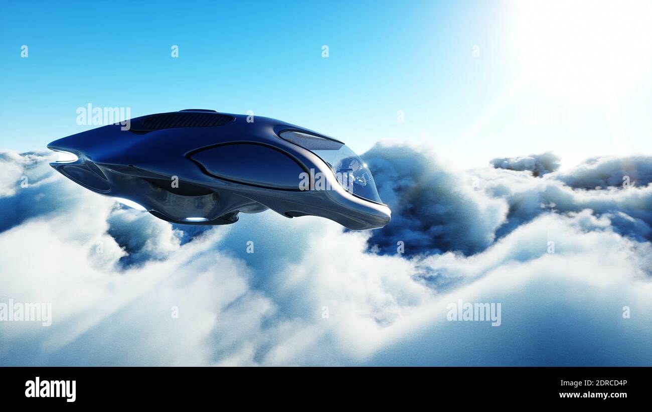 Futuristic sci fi ship flying in the clouds. 3d rendering Stock Photo ...